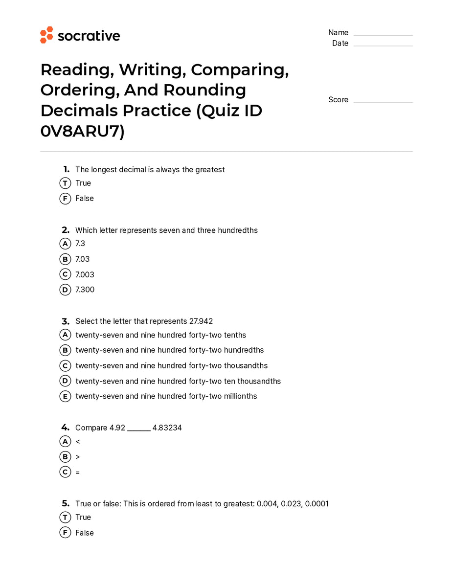 Reading Writing Comparing Ordering And Rounding Decimals Practice ...