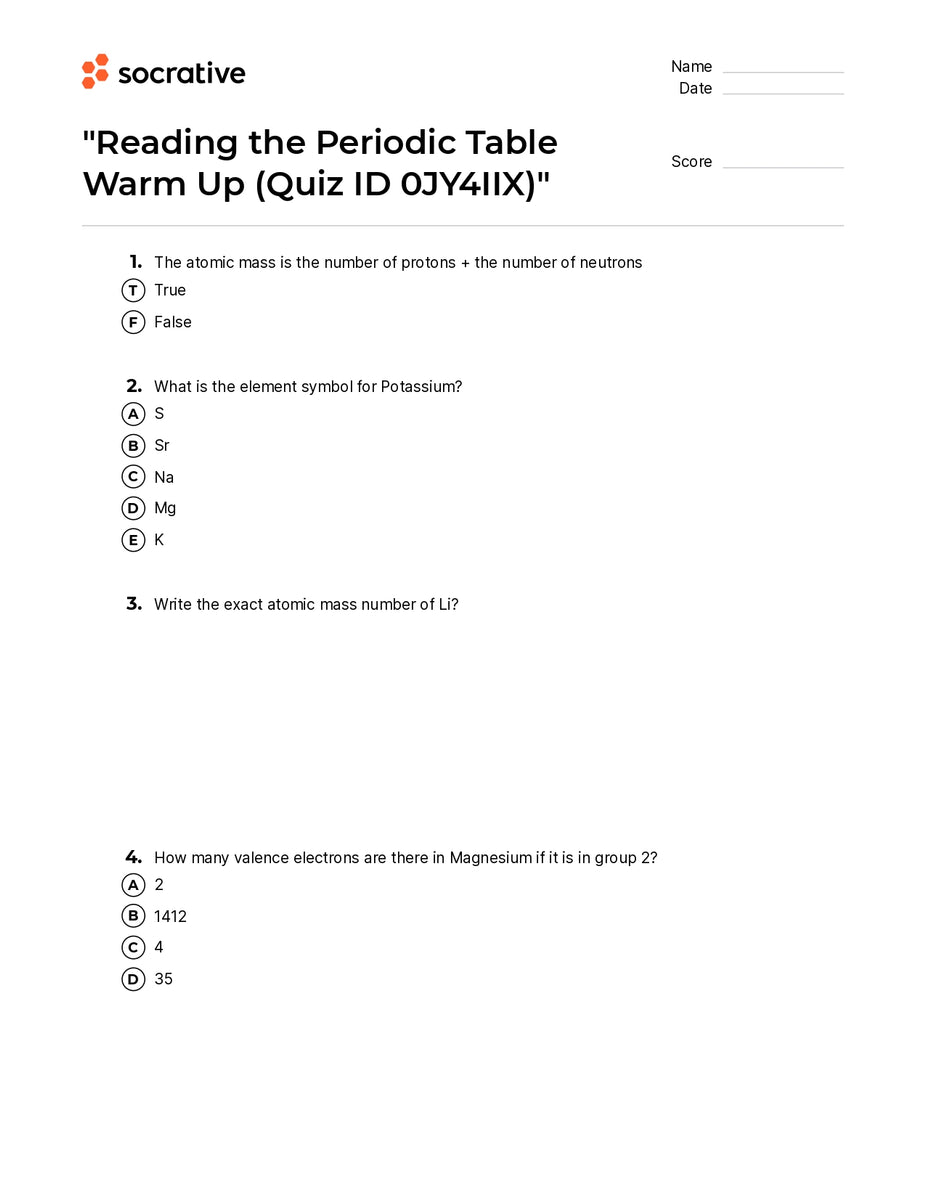 Reading The Periodic Table Warm Up – Quiz Shop