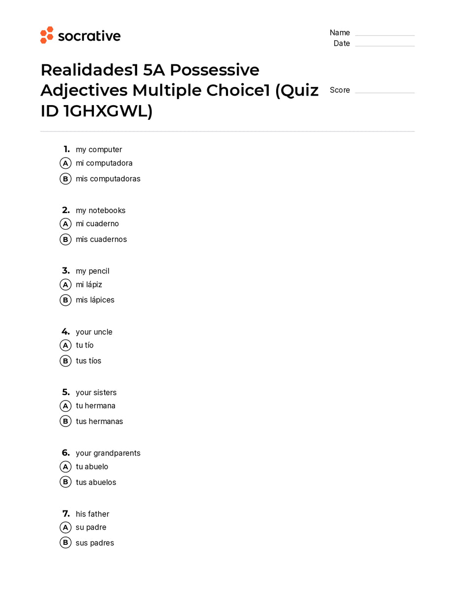 Realidades1 5A Possessive Adjectives Multiple Choice1 – Quiz Shop