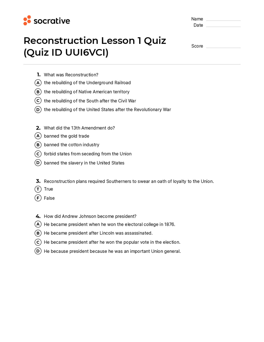Reconstruction Lesson 1 Quiz – Quiz Shop