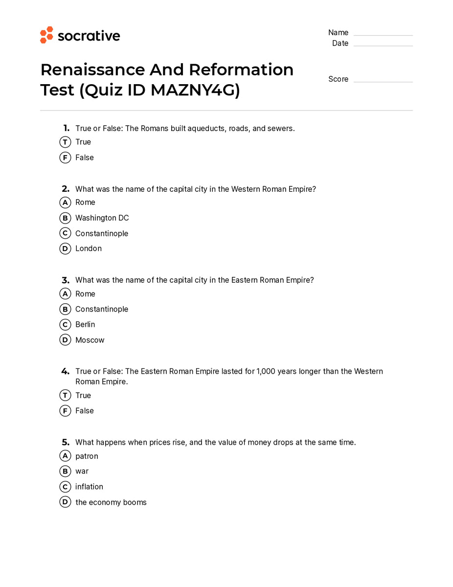 Renaissance And Reformation Test – Quiz Shop