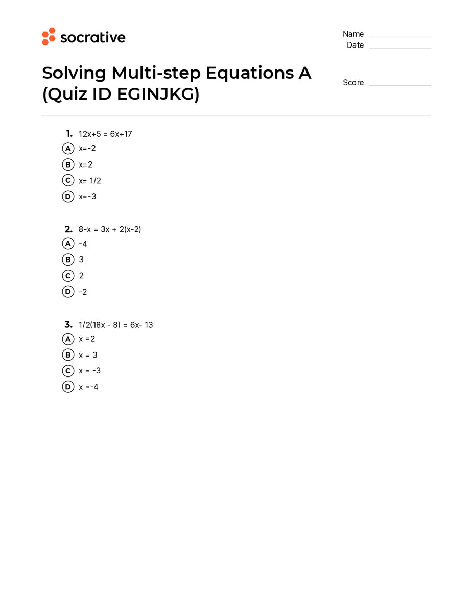 Solving Multi-Step Equations A – Quiz Shop