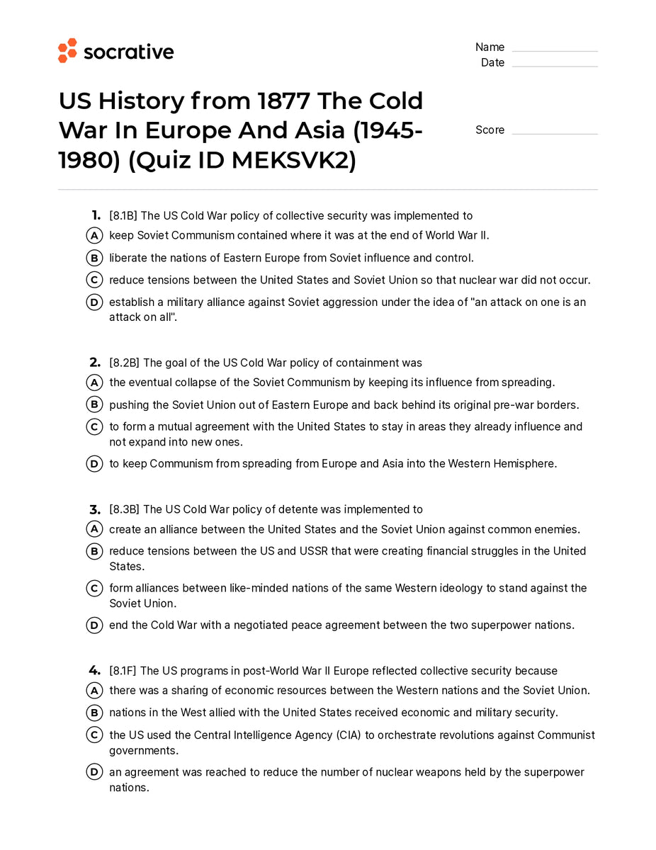 Us History From 1877 The Cold War In Europe And Asia (1945-1980) – Quiz ...