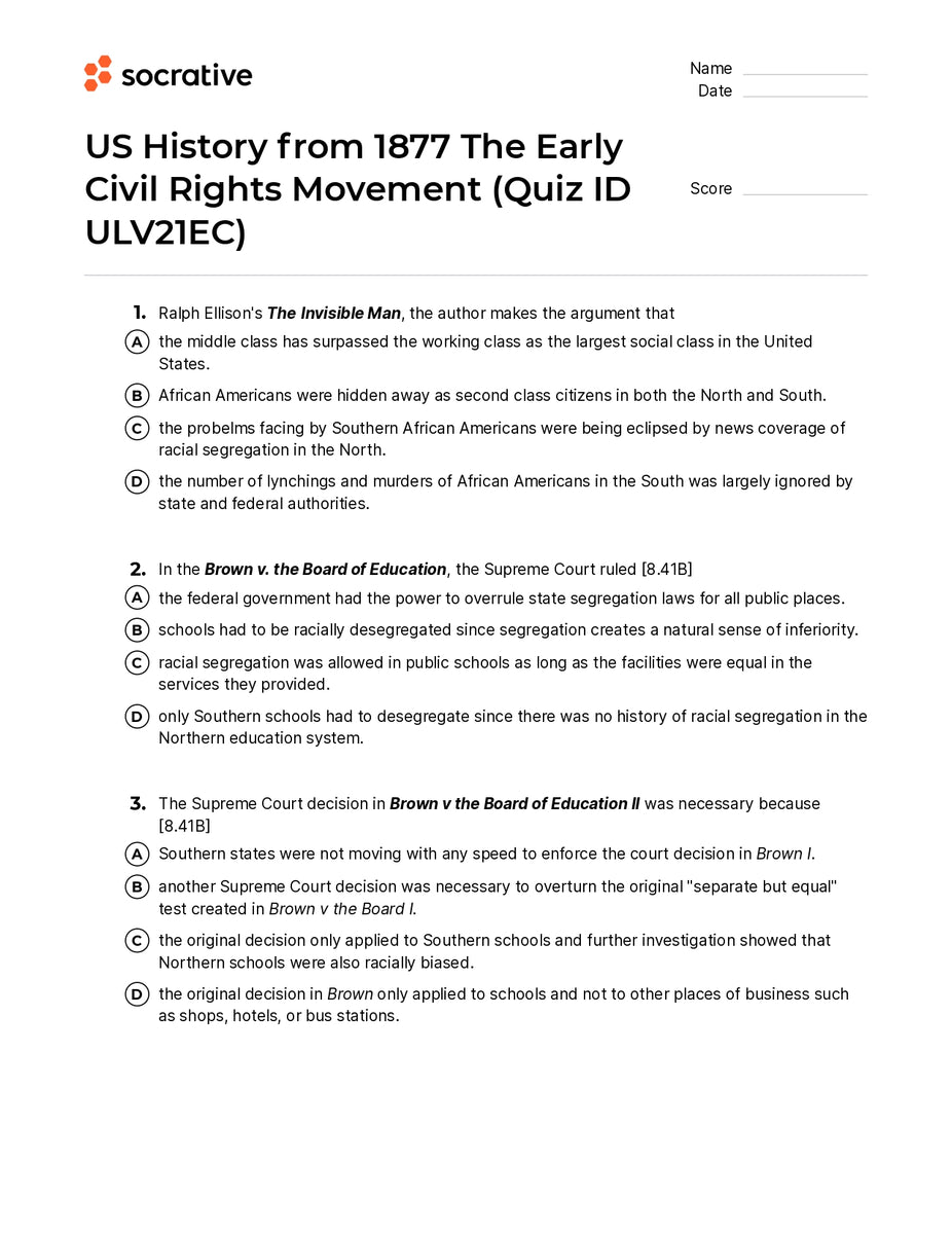 Us History From 1877 The Early Civil Rights Movement – Quiz Shop