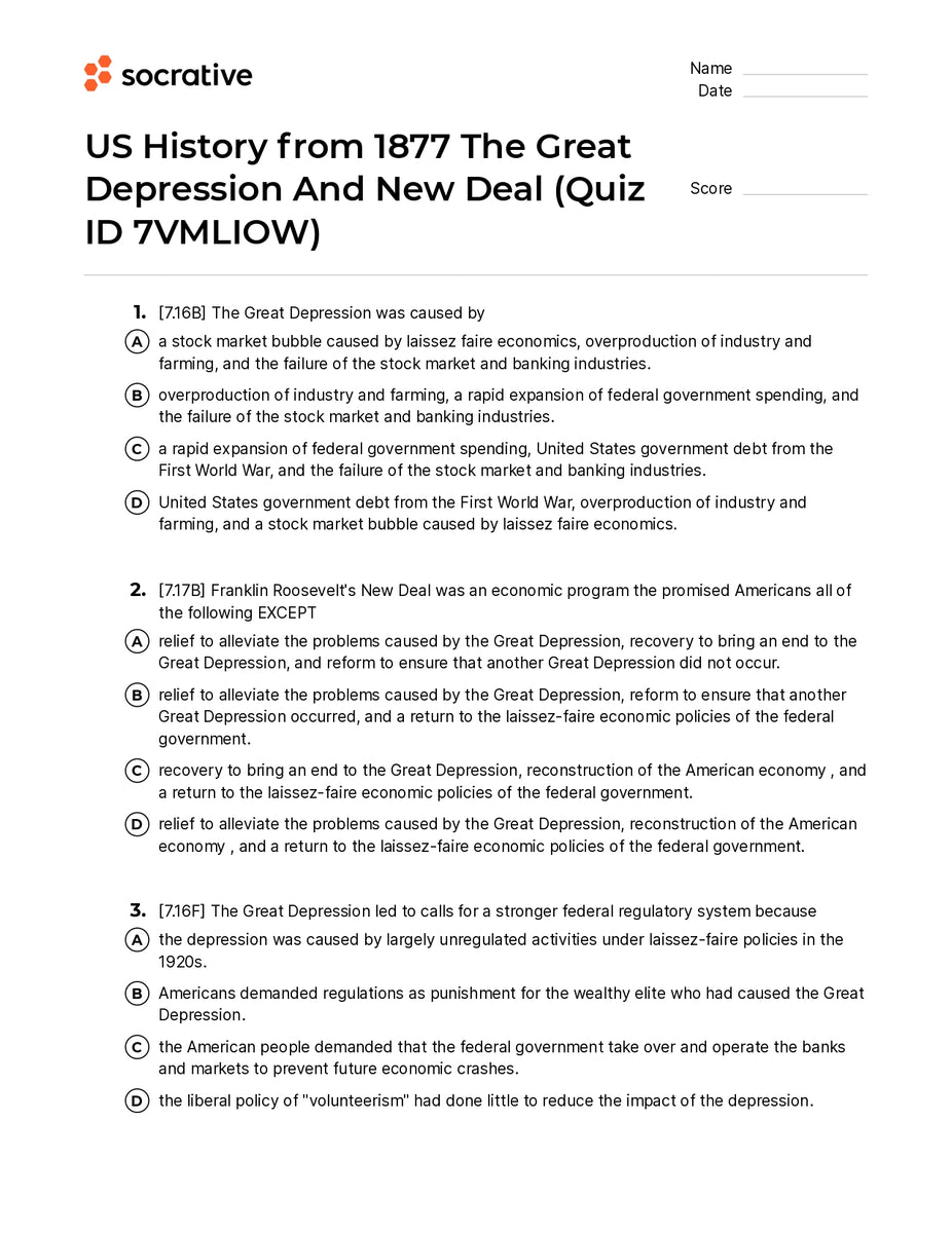 Us History From 1877 The Great Depression And New Deal – Quiz Shop