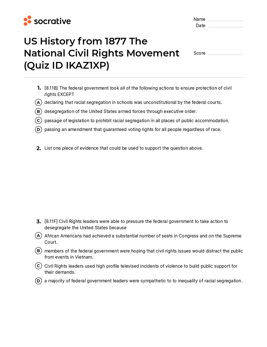 Us History From 1877 The National Civil Rights Movement – Quiz Shop