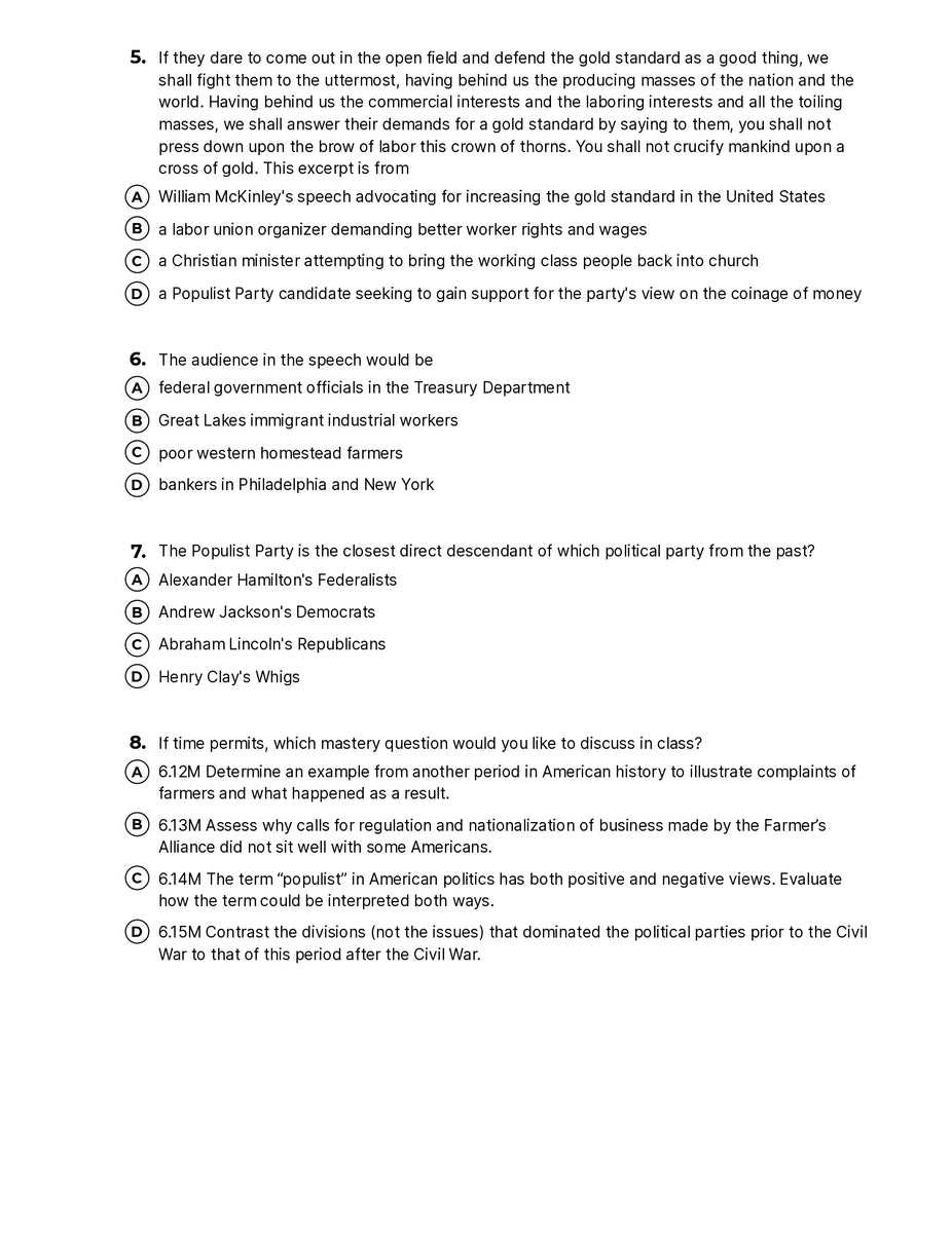 Us History From 1877 The Populists – Quiz Shop