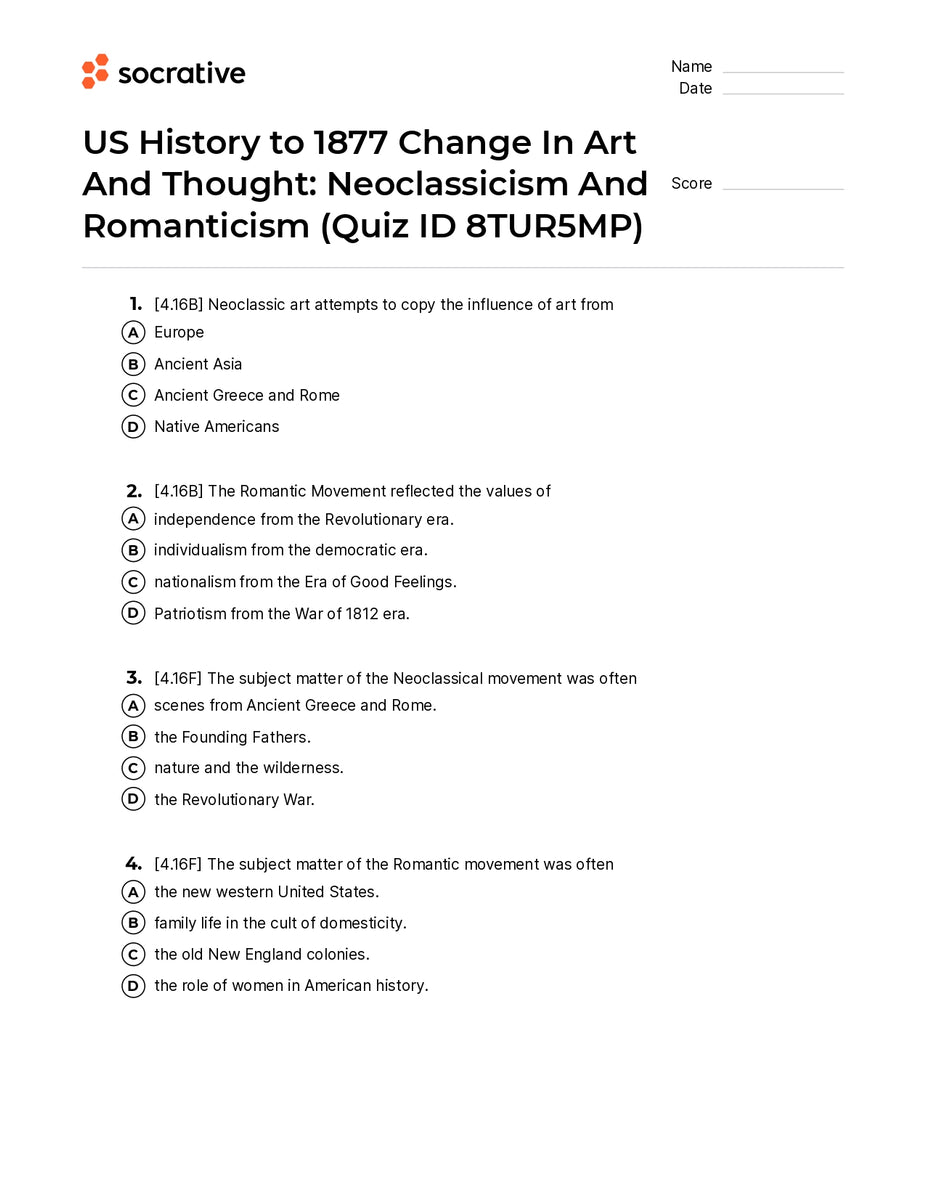 Us History To 1877 Change In Art And Thought Neoclassicism And Romanti ...