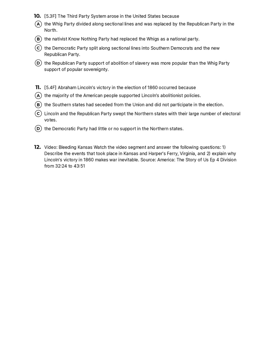 Us History To 1877 Sectionalism And The Coming Civil War – Quiz Shop