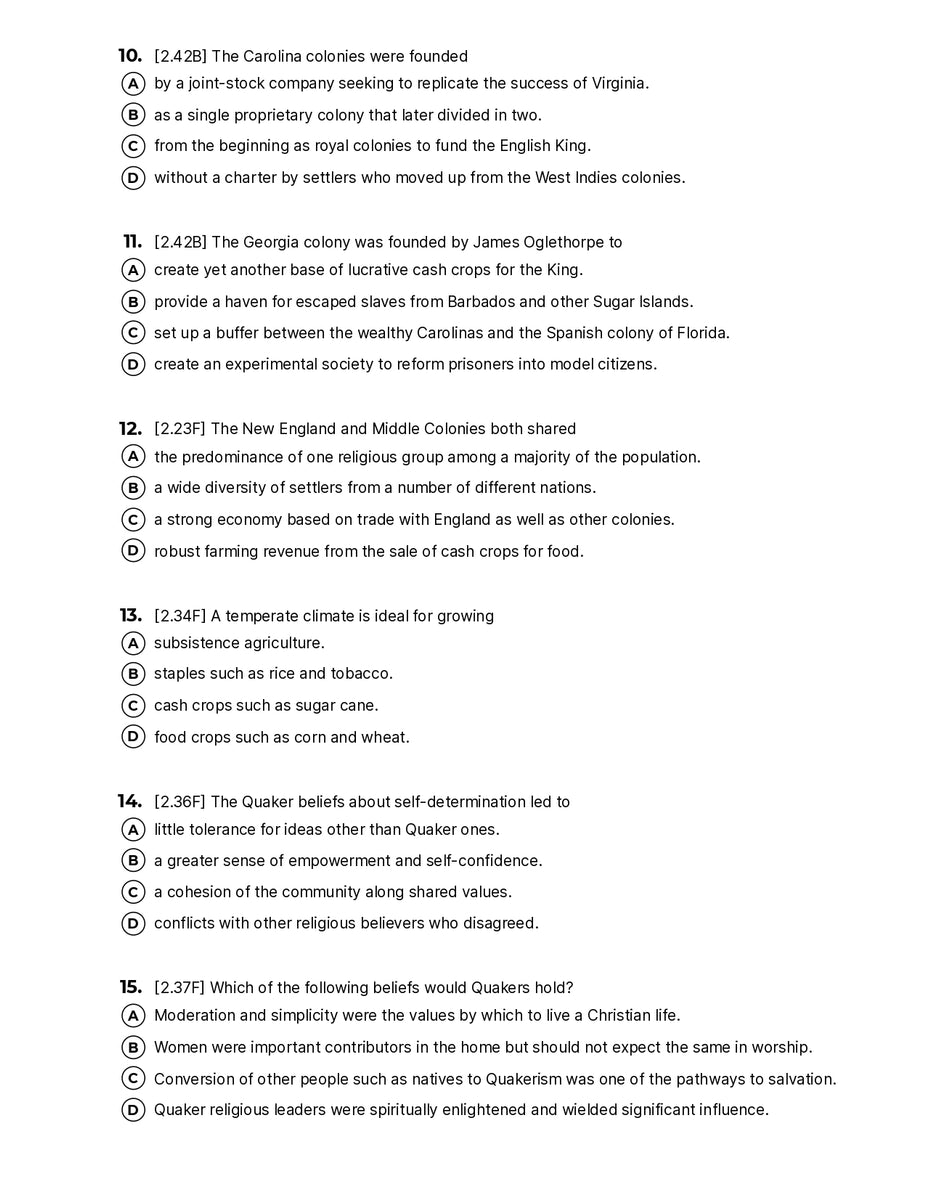 Us History To 1877 The Middle And Southern Colonies – Quiz Shop