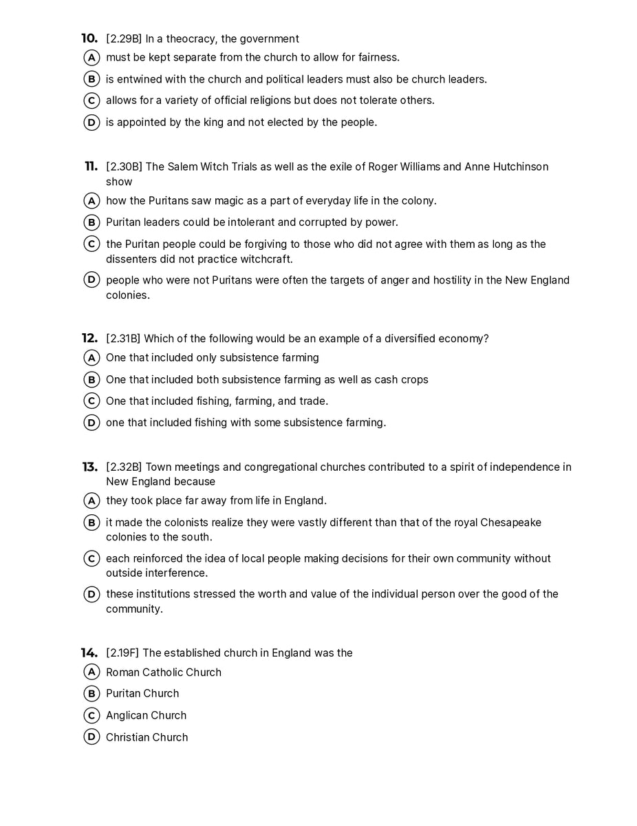 Us History To 1877 The New England Colonies – Quiz Shop