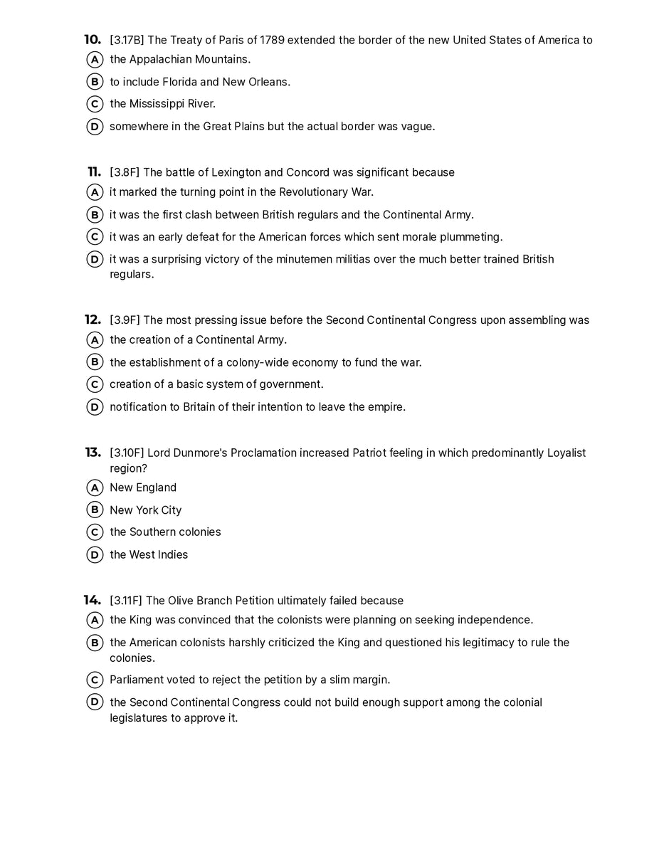 Us History To 1877 The War For Independence – Quiz Shop