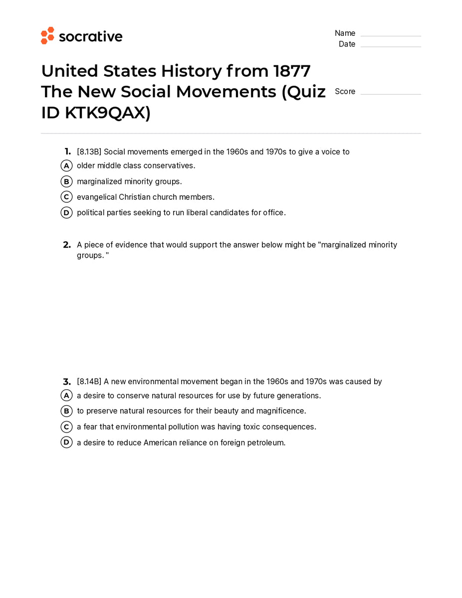 United States History From 1877 The New Social Movements – Quiz Shop