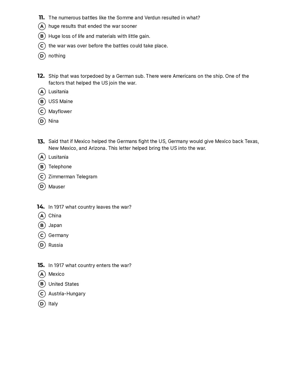 World War One Test – Quiz Shop