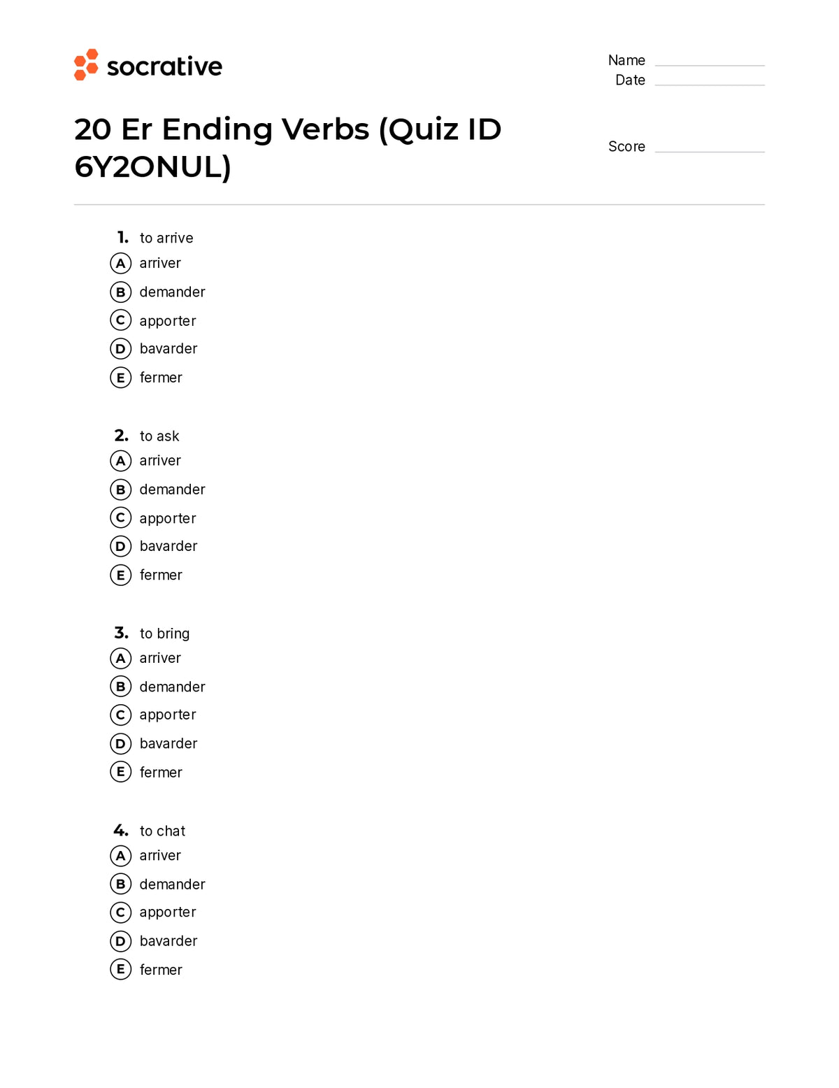 20 Er Ending Verbs – Quiz Shop