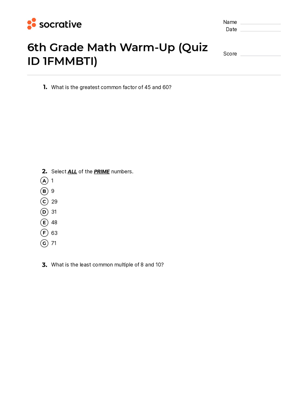6Th Grade Math Warm-Up – Quiz Shop