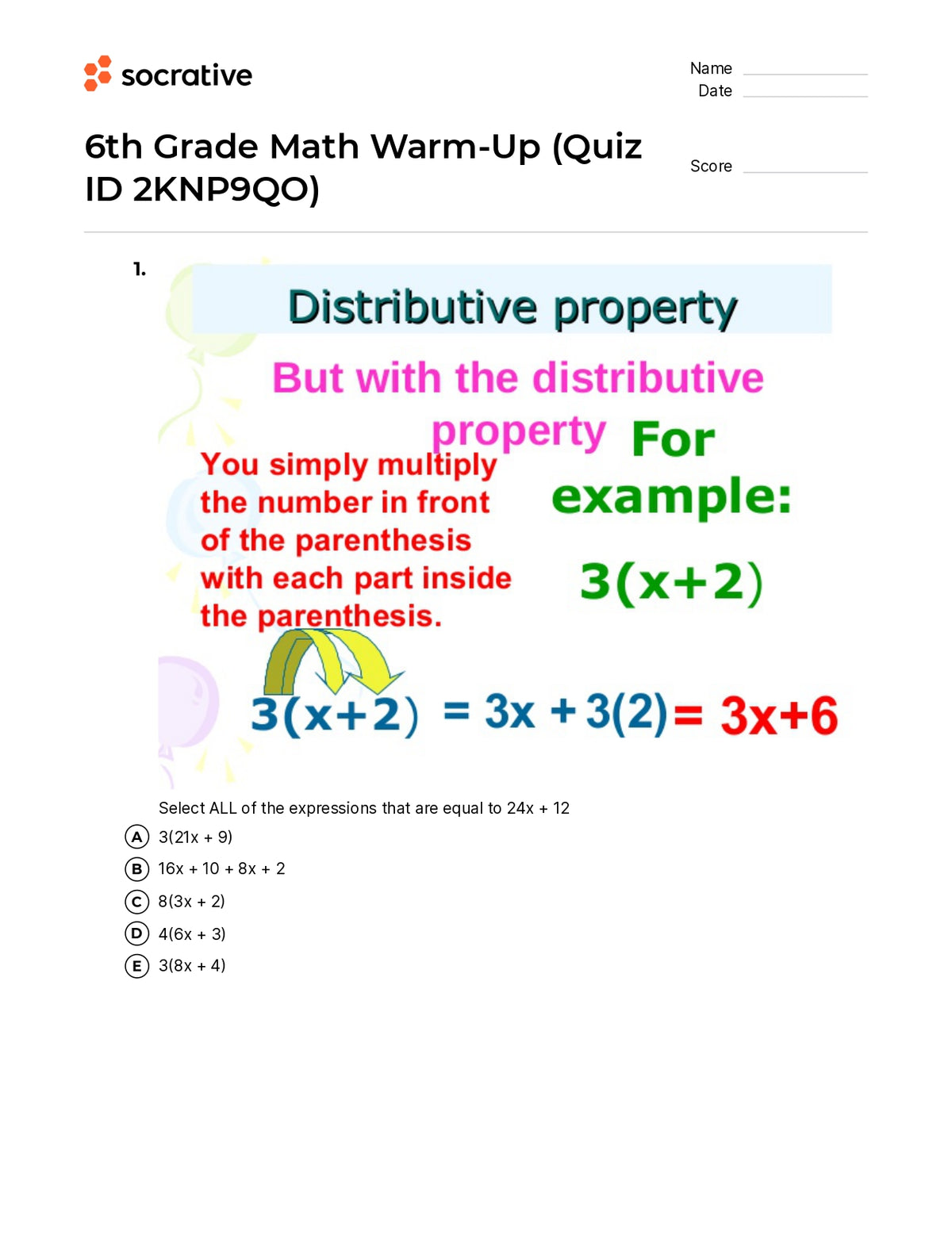 6Th Grade Math Warm-Up – Quiz Shop