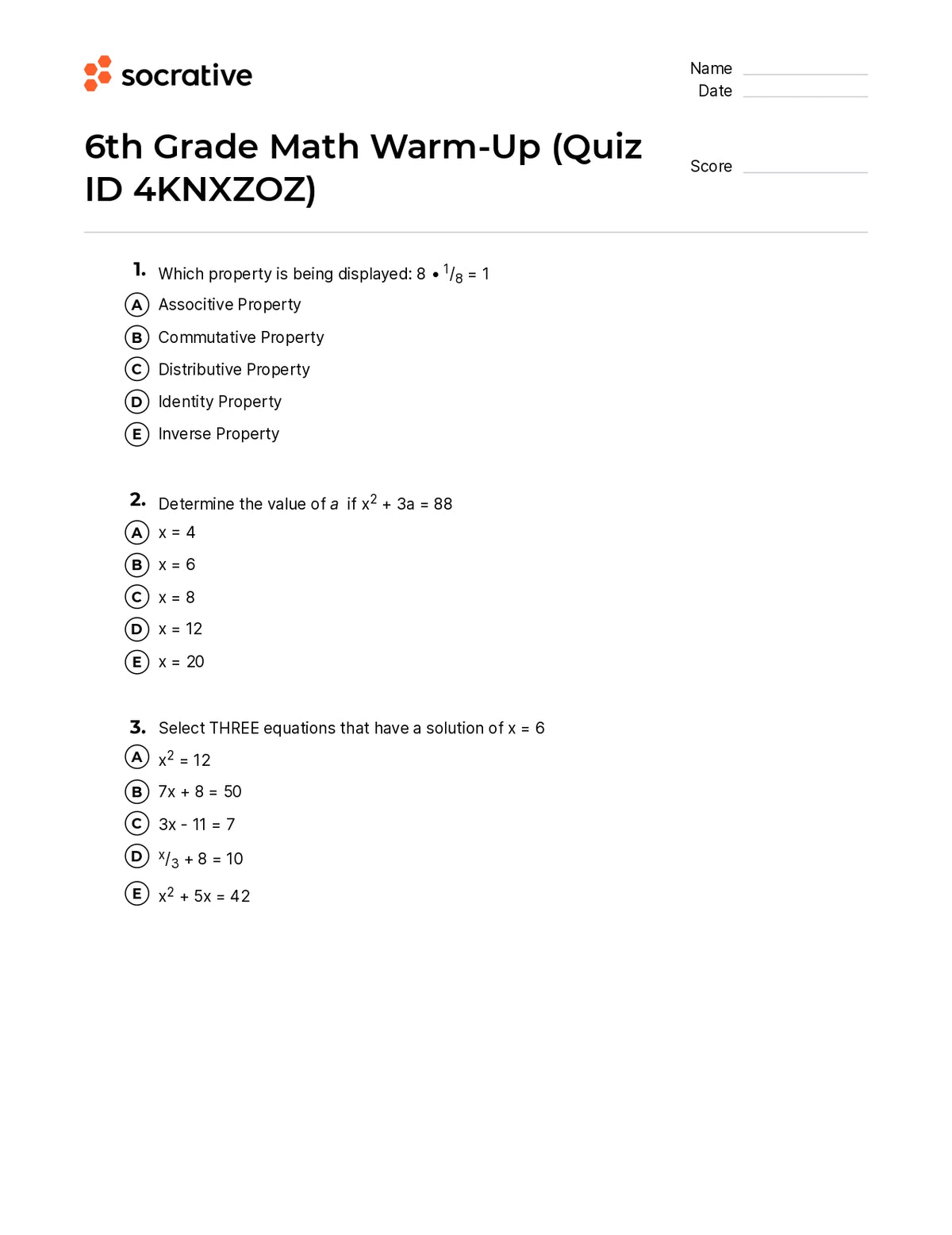 6Th Grade Math Warm-Up – Quiz Shop