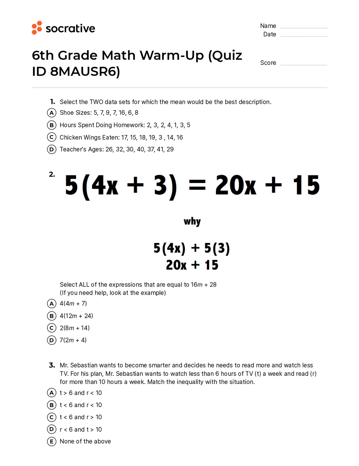 6Th Grade Math Warm-Up – Quiz Shop