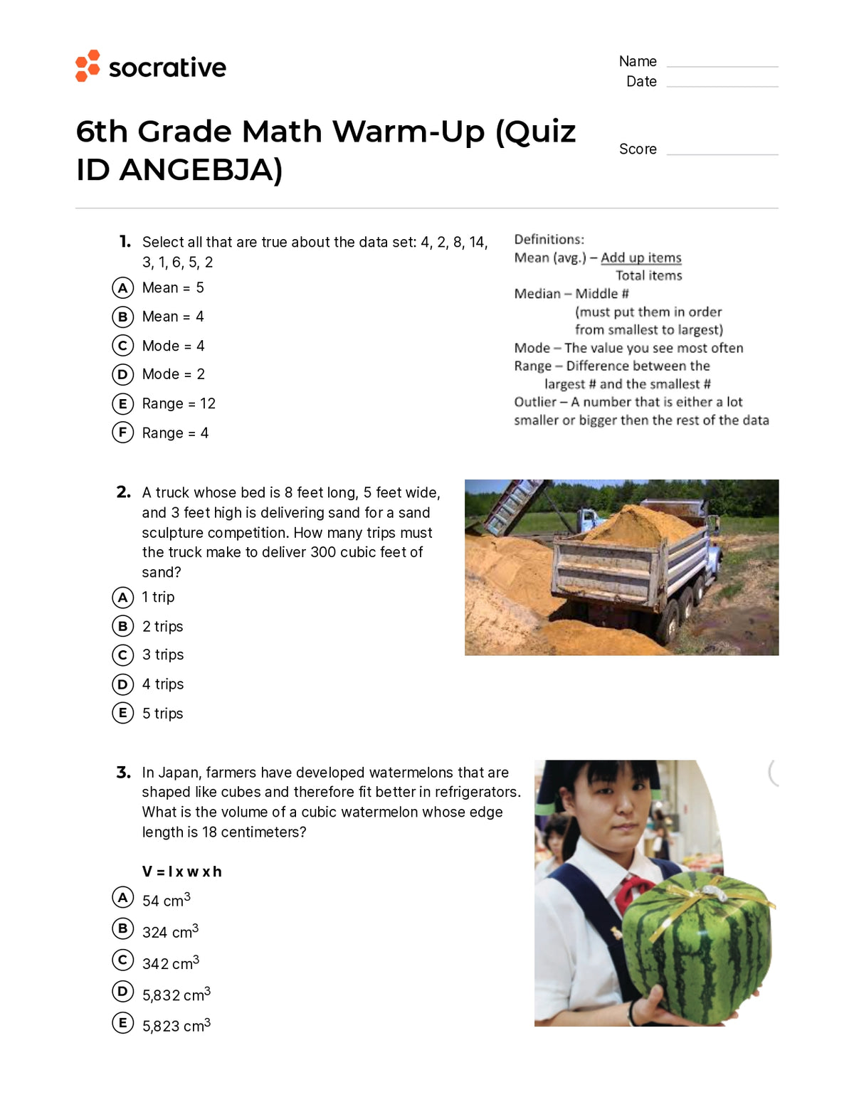 6Th Grade Math Warm-Up – Quiz Shop