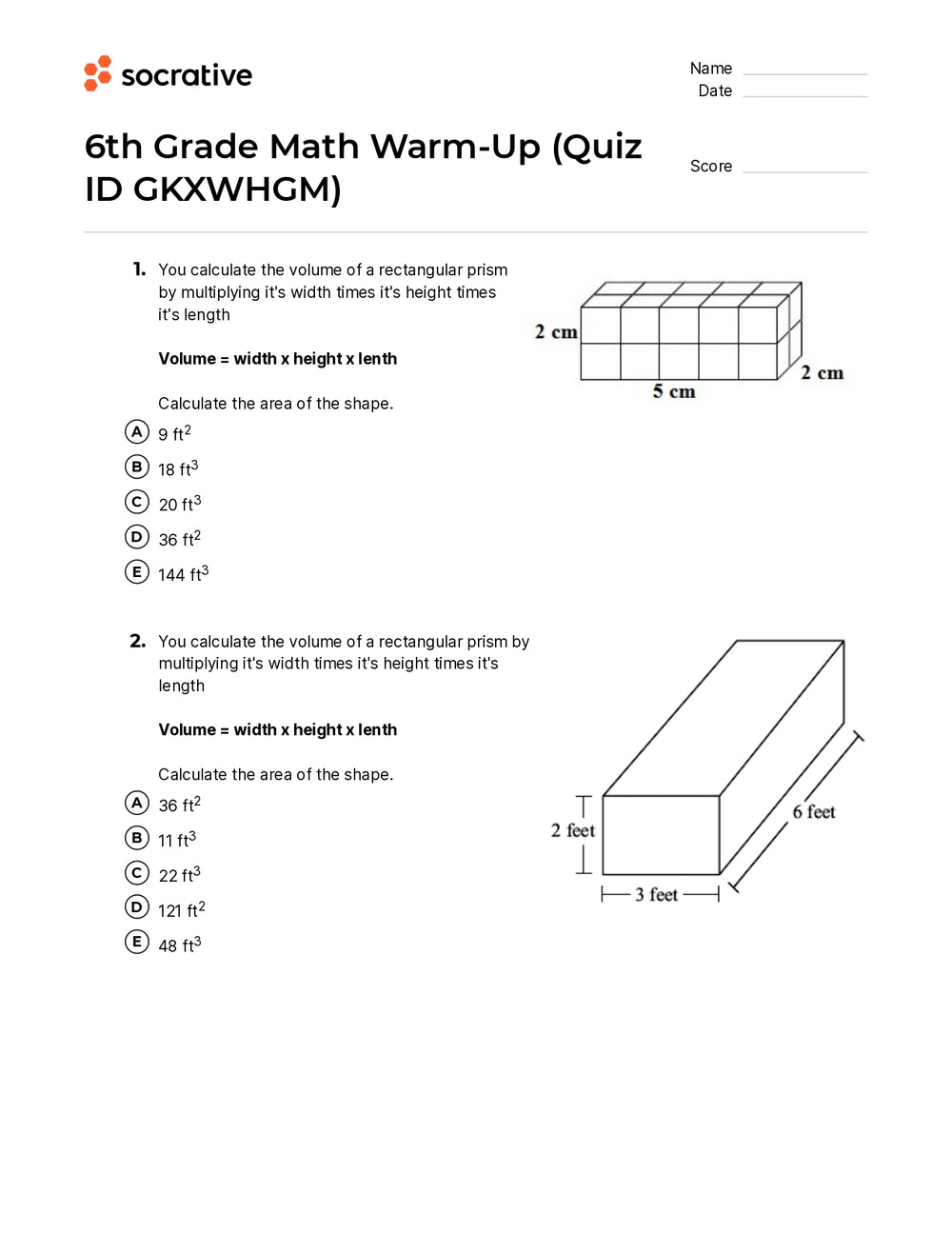 6Th Grade Math Warm-Up – Quiz Shop
