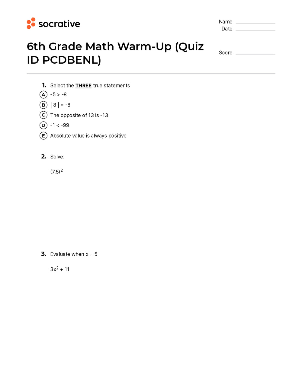6Th Grade Math Warm-Up – Quiz Shop
