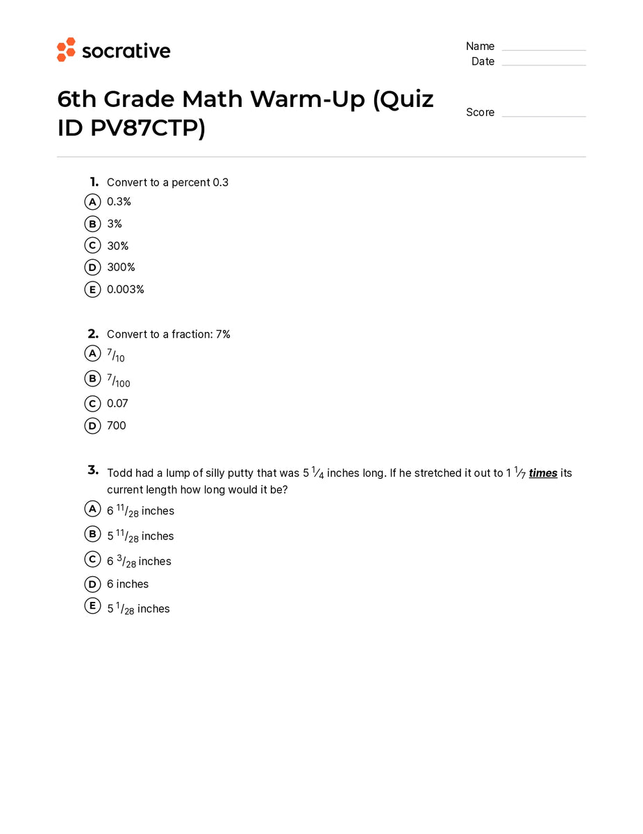 6Th Grade Math Warm-Up – Quiz Shop