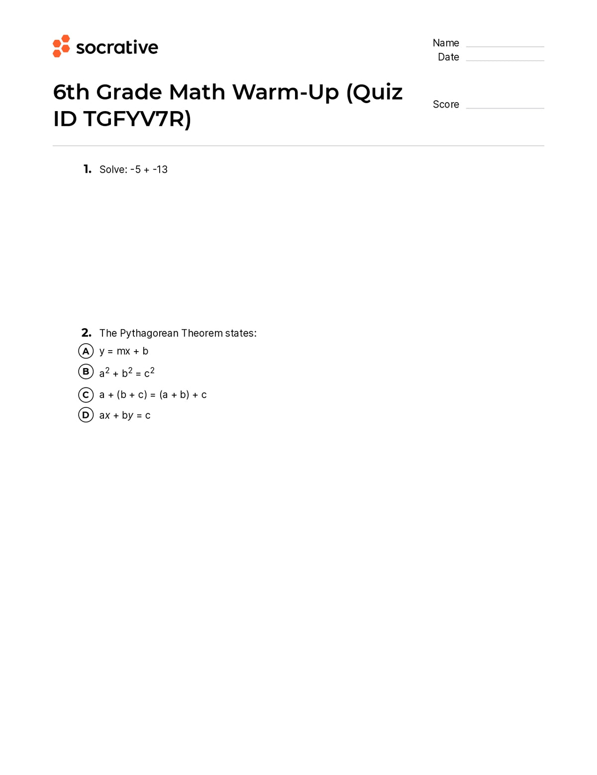 6Th Grade Math Warm-Up – Quiz Shop