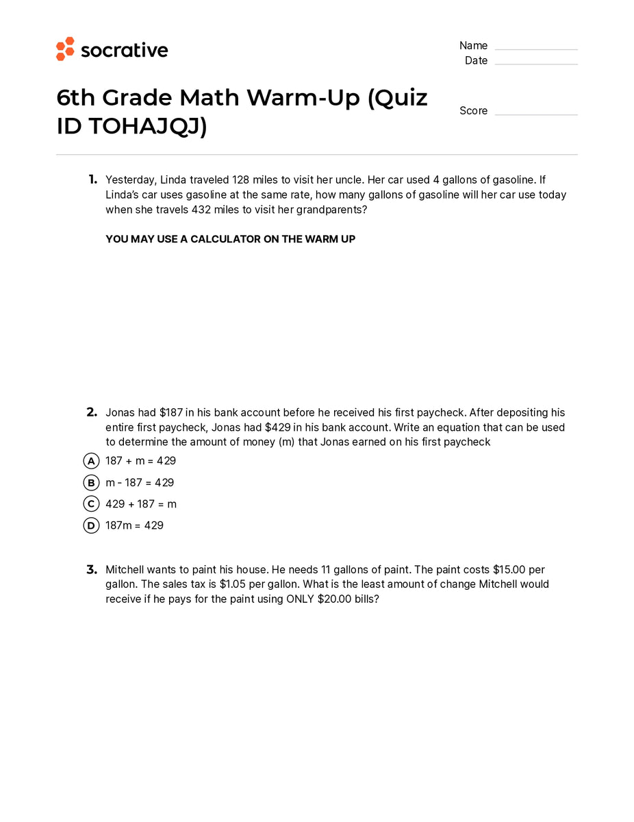 6Th Grade Math Warm-Up – Quiz Shop