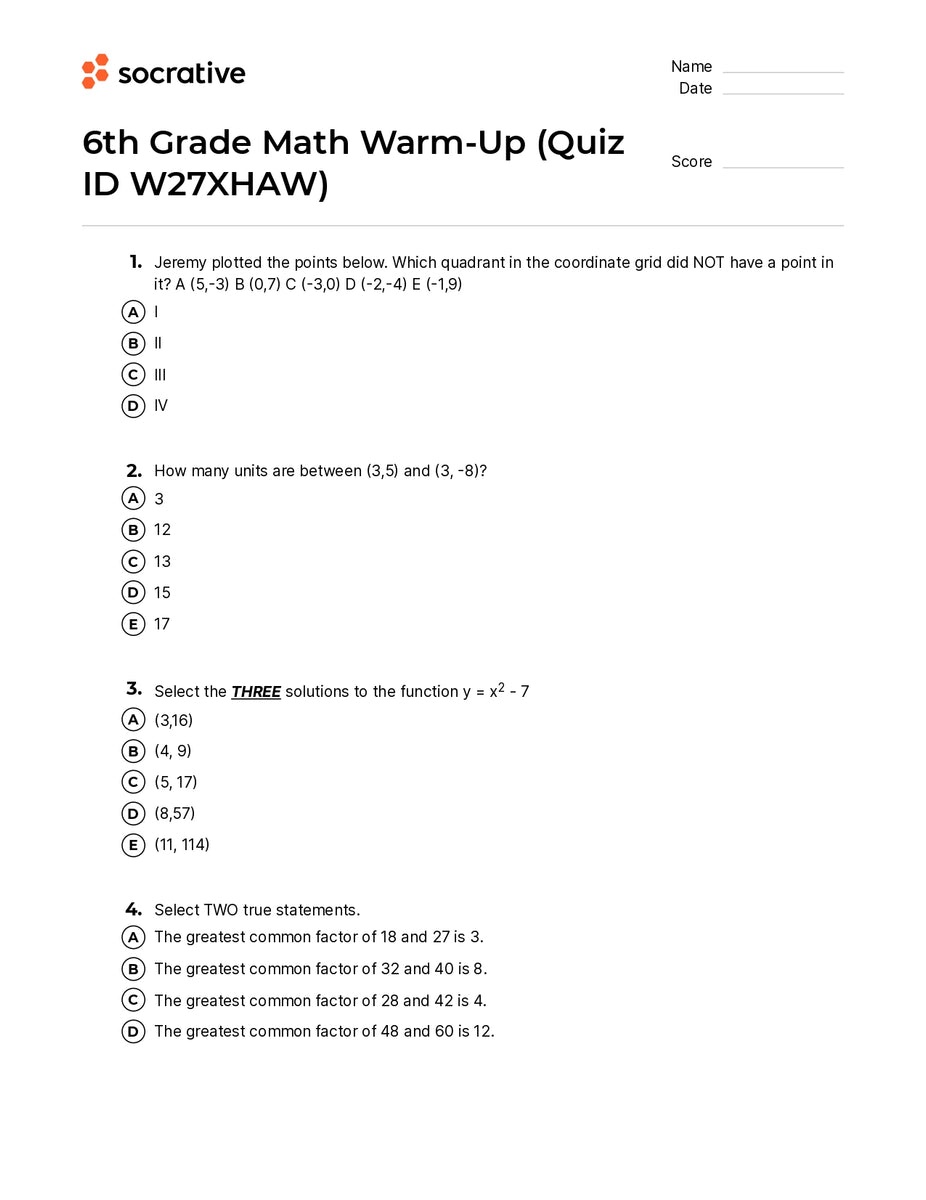 6Th Grade Math Warm-Up – Quiz Shop