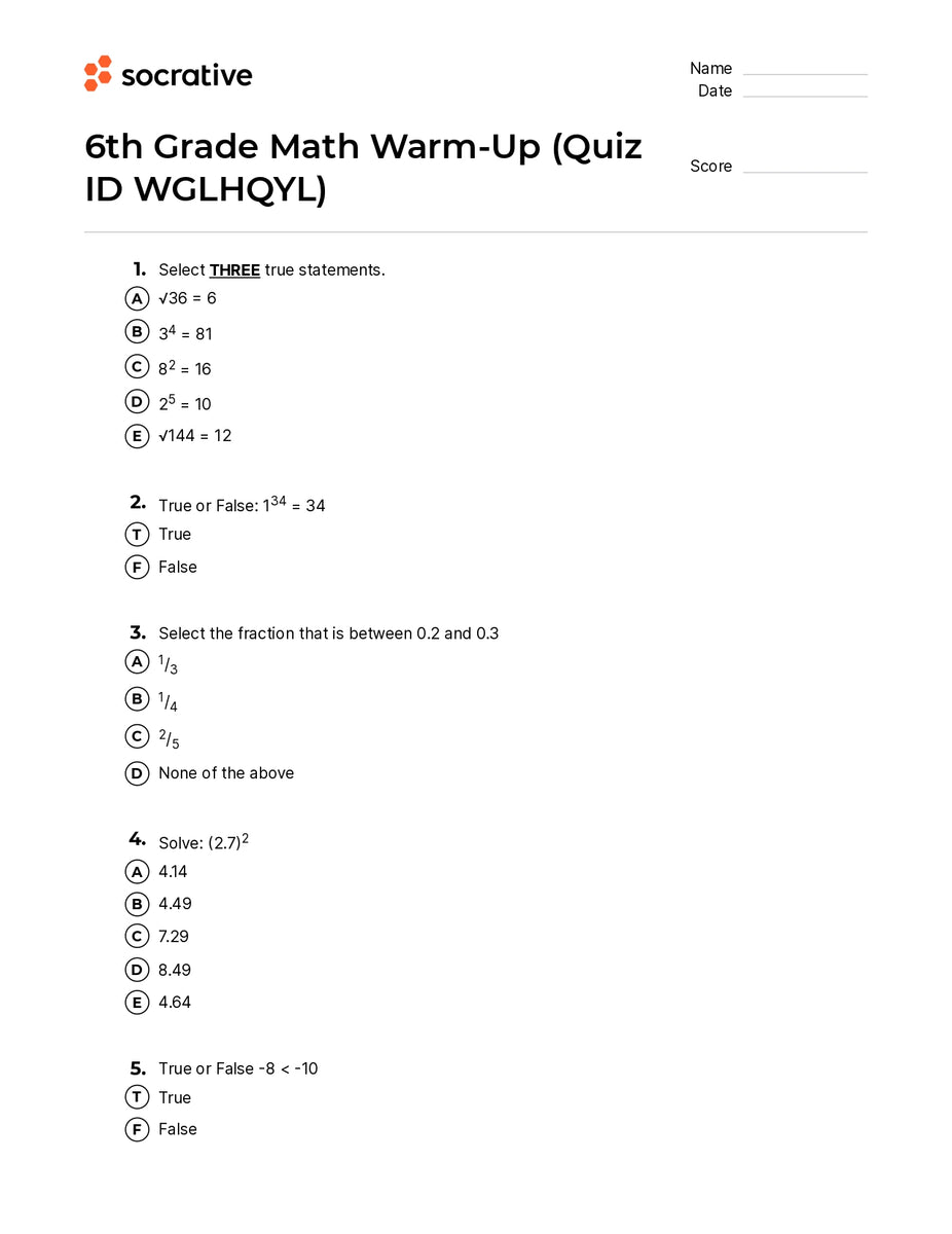 6Th Grade Math Warm-Up – Quiz Shop