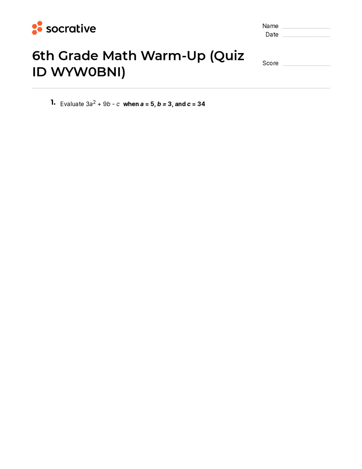 6Th Grade Math Warm-Up – Quiz Shop