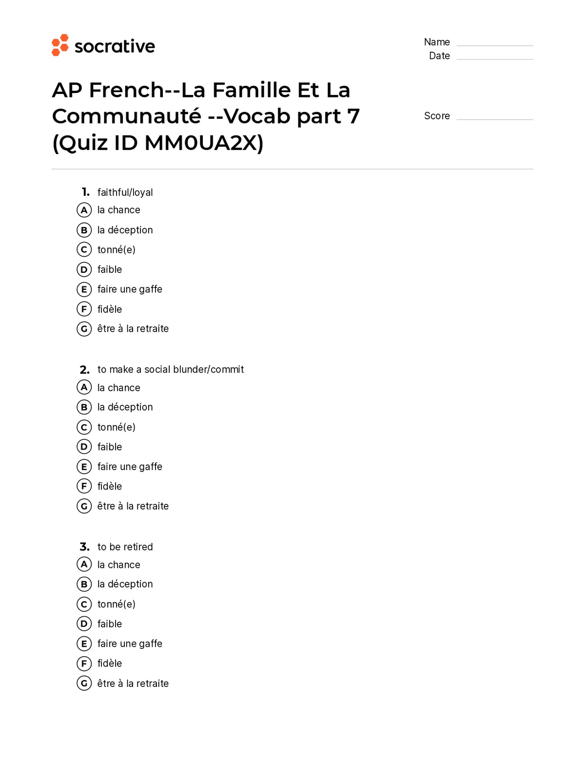 Ap French--La Famille Et La Communauté--Vocab Part 7 – Quiz Shop