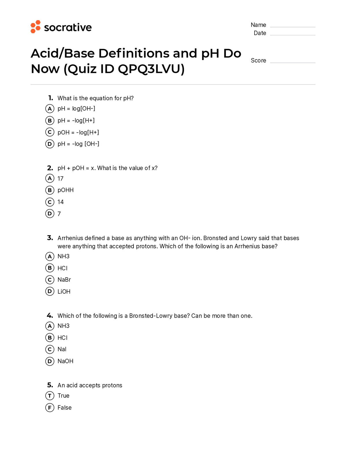 Acid/Base Definitions And Ph Do Now – Quiz Shop