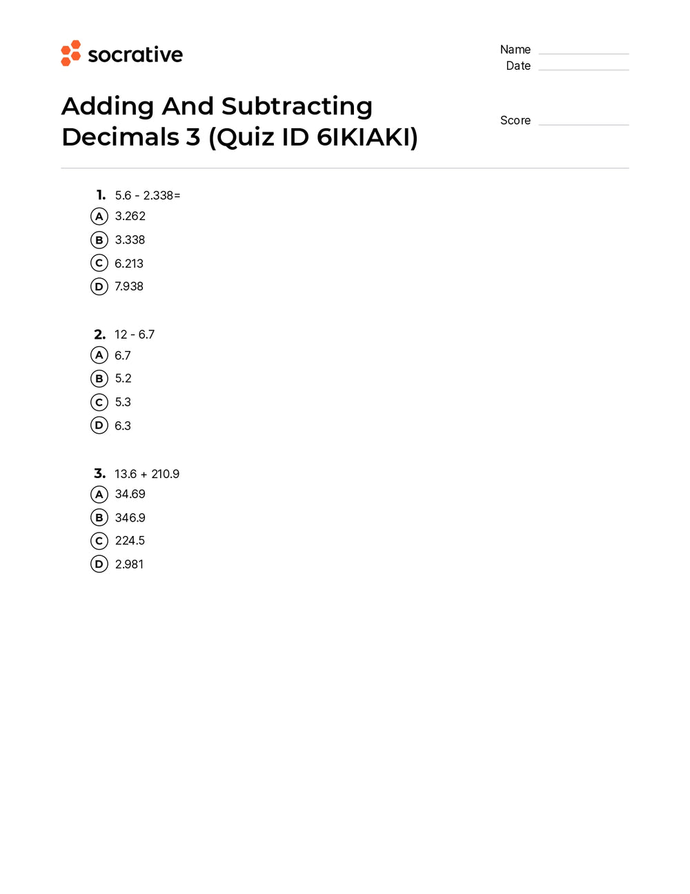 Adding And Subtracting Decimals 3 – Quiz Shop