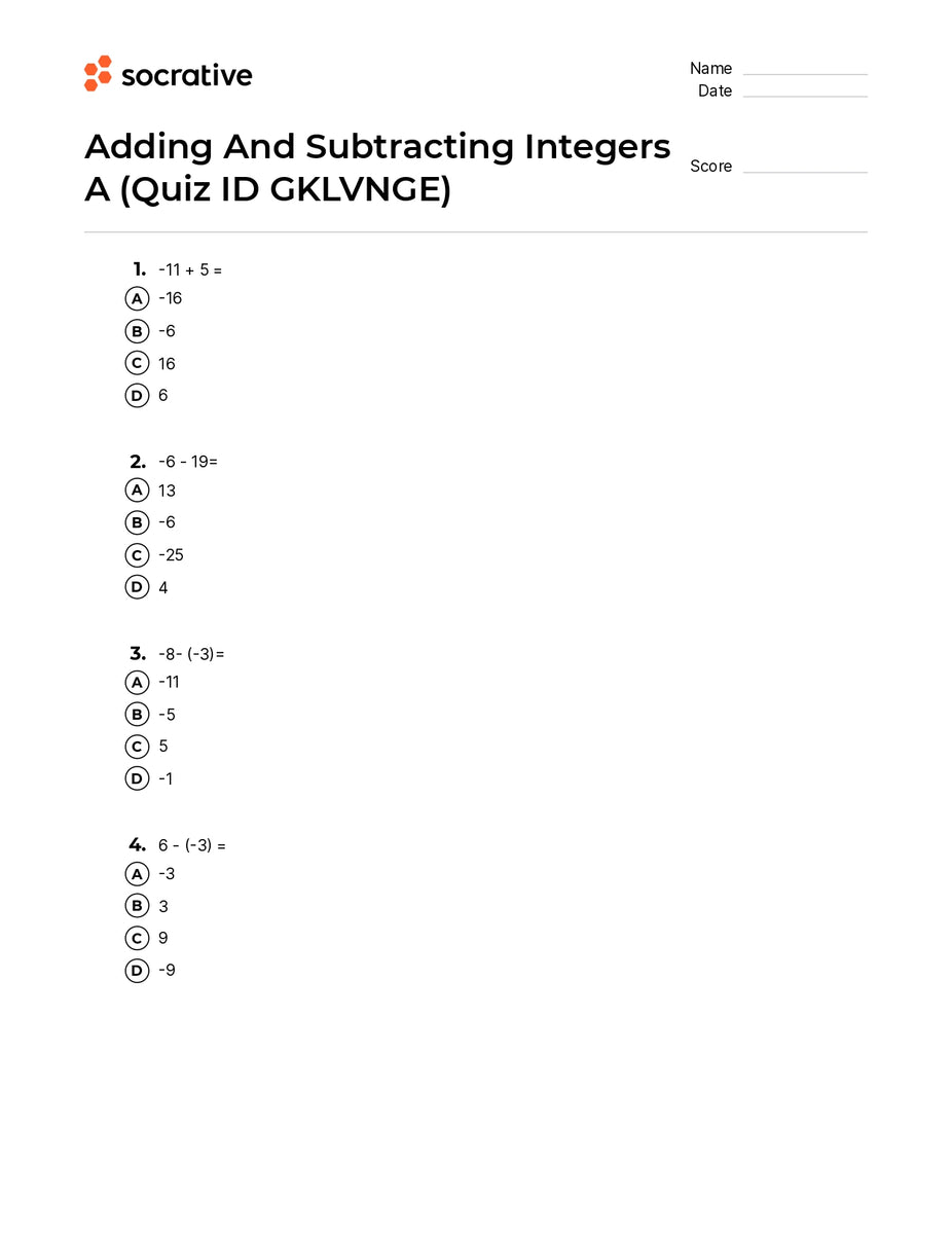 Adding And Subtracting Integers A – Quiz Shop