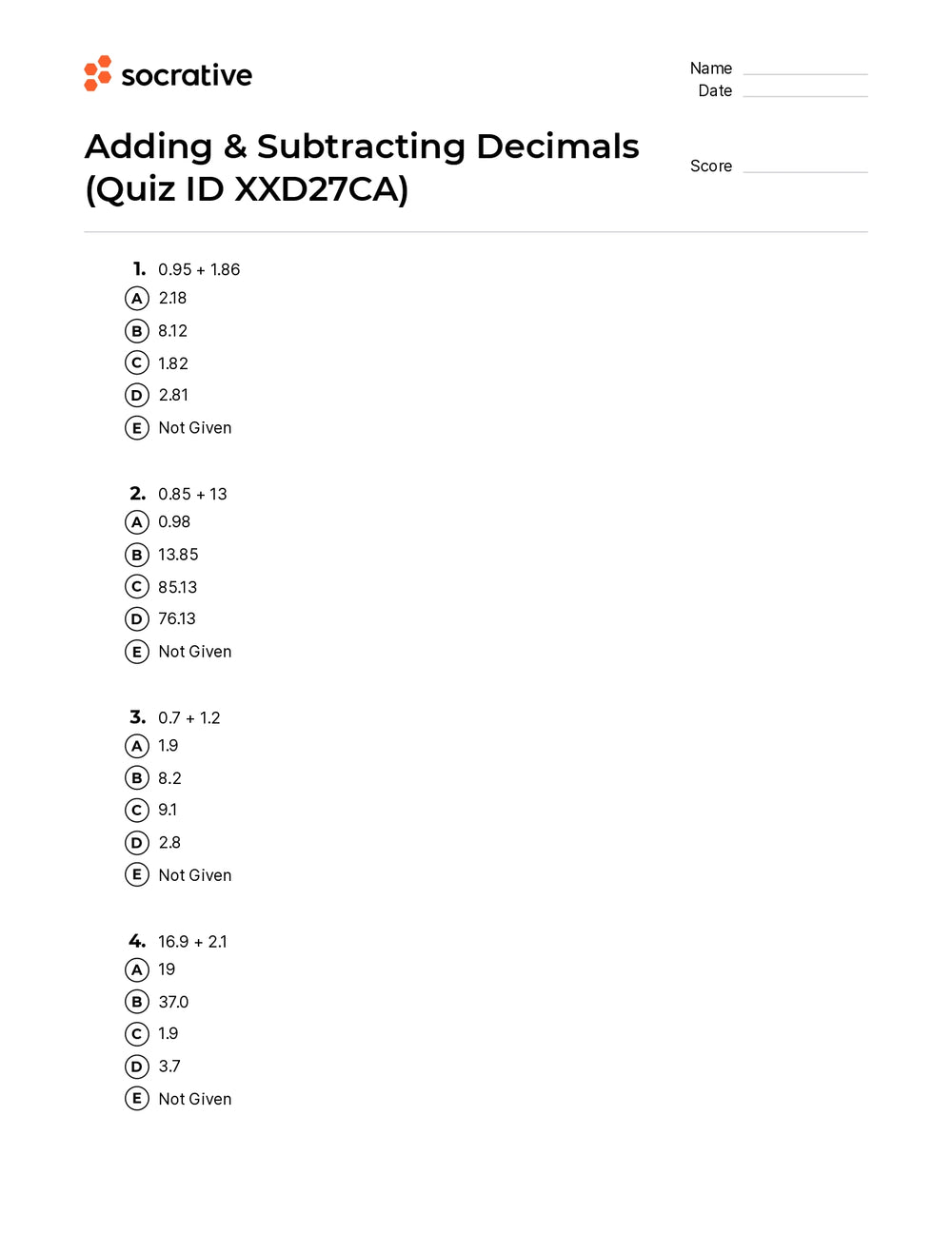 Adding & Subtracting Decimals – Quiz Shop