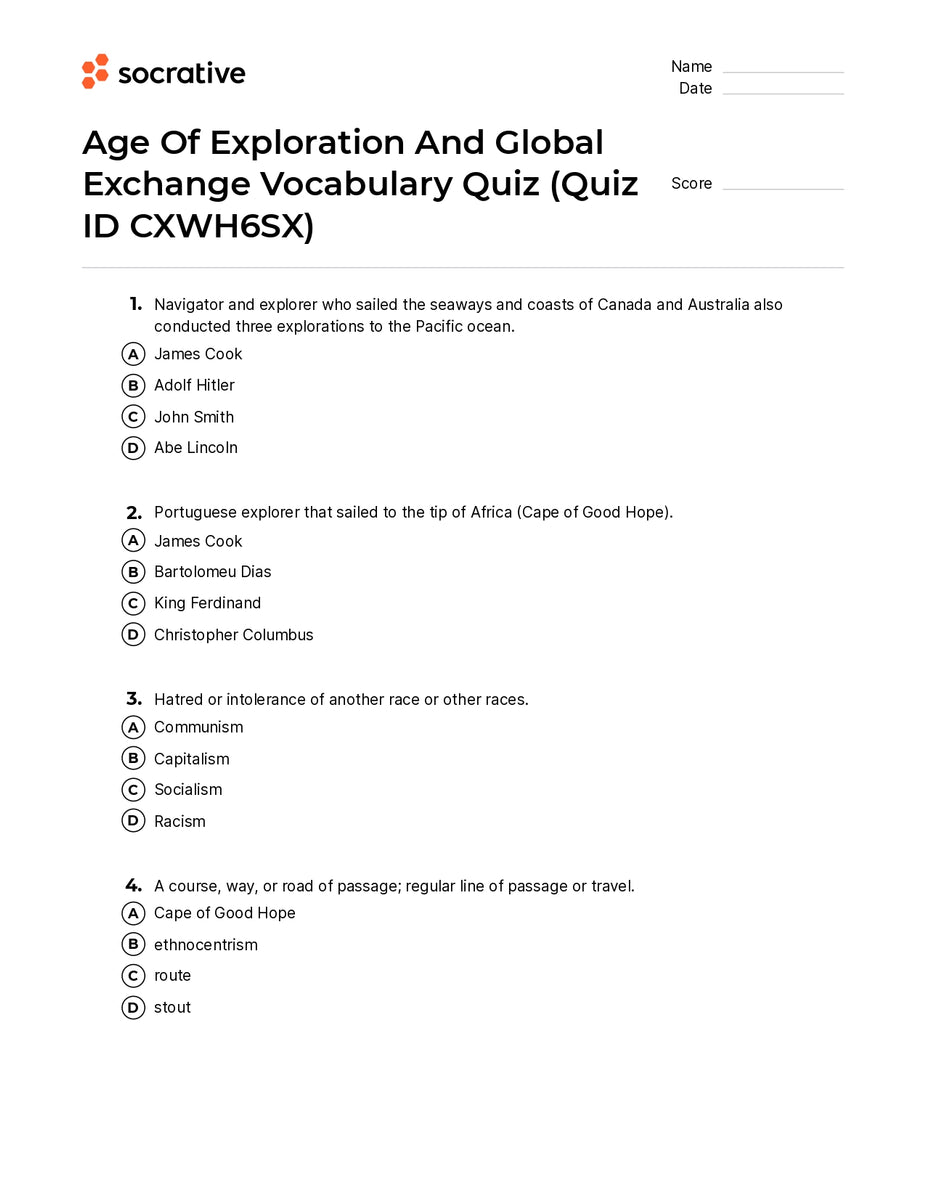 Age Of Exploration And Global Exchange Vocabulary Quiz – Quiz Shop