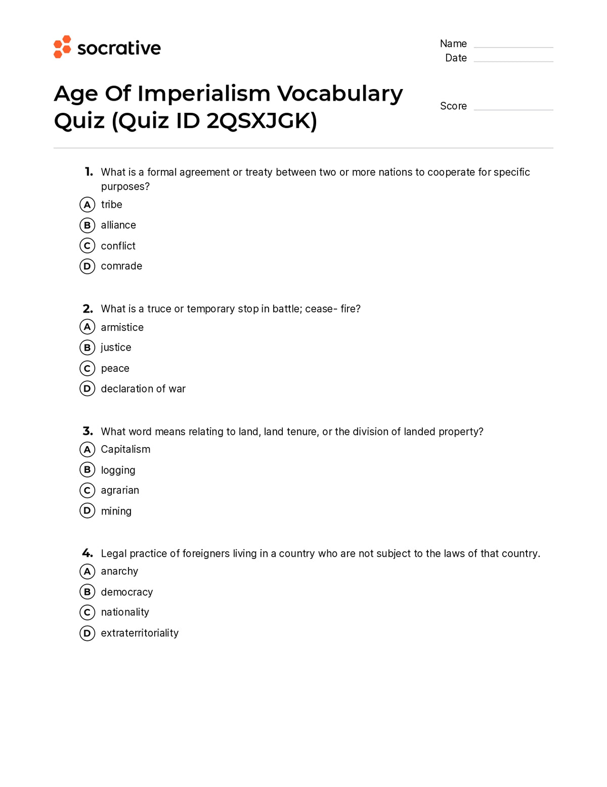 Age Of Imperialism Vocabulary Quiz – Quiz Shop