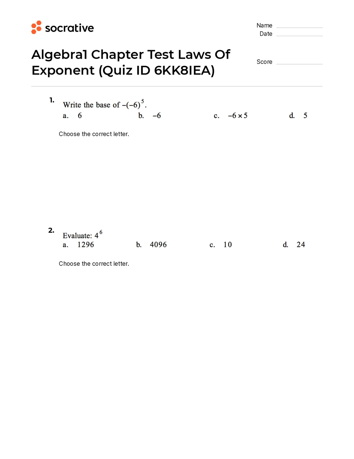 Algebra 1 Chapter Test Laws Of Exponent – Quiz Shop