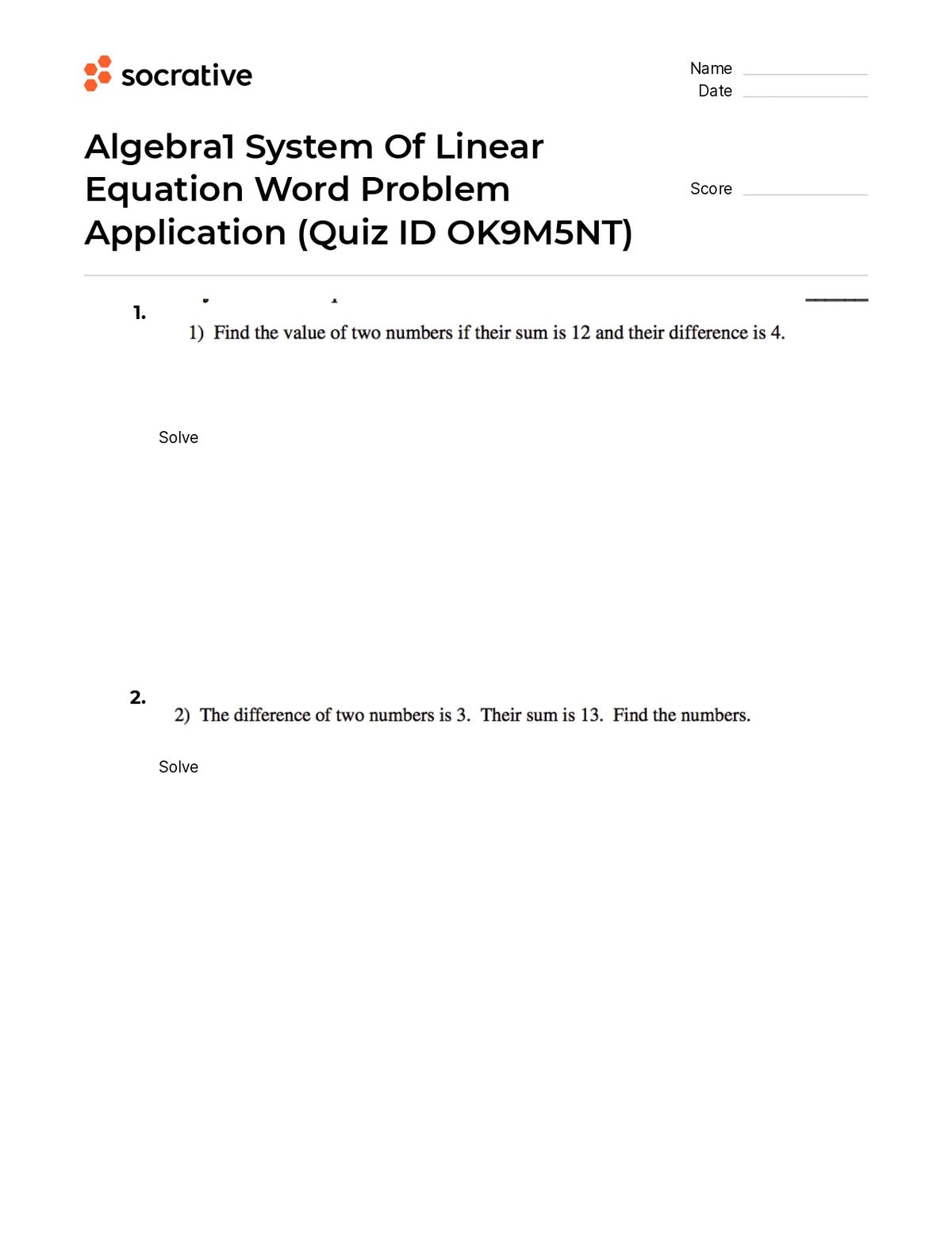 Algebra 1 System Of Linear Equation Word Problem Application – Quiz Shop