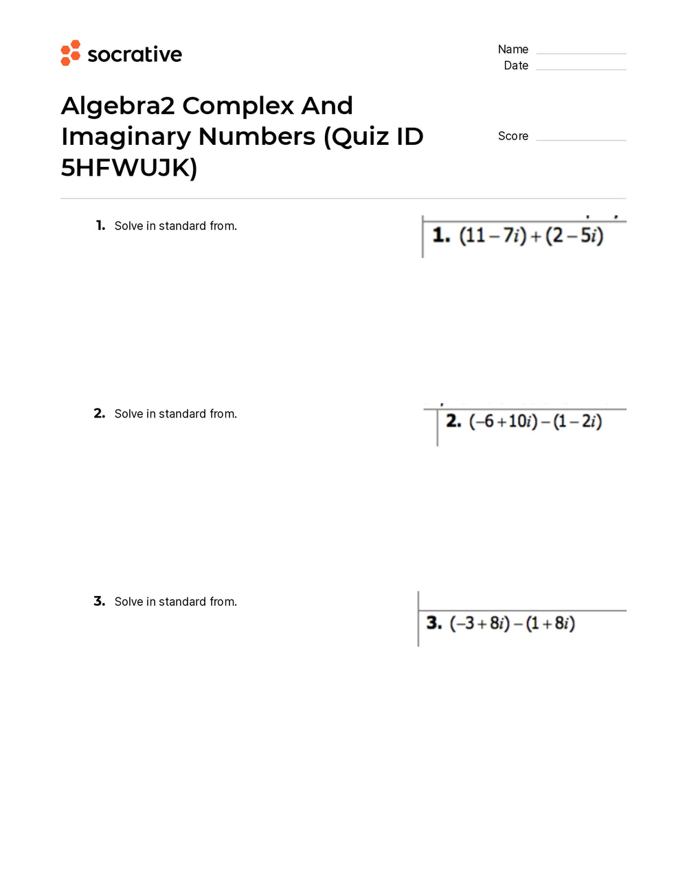 imaginary numbers worksheet