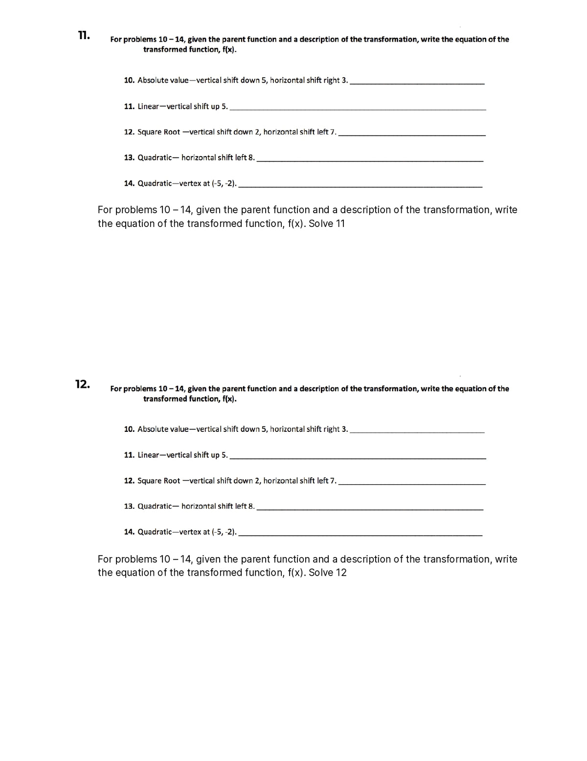 Algebra 2 Parent Function-Transformation – Quiz Shop