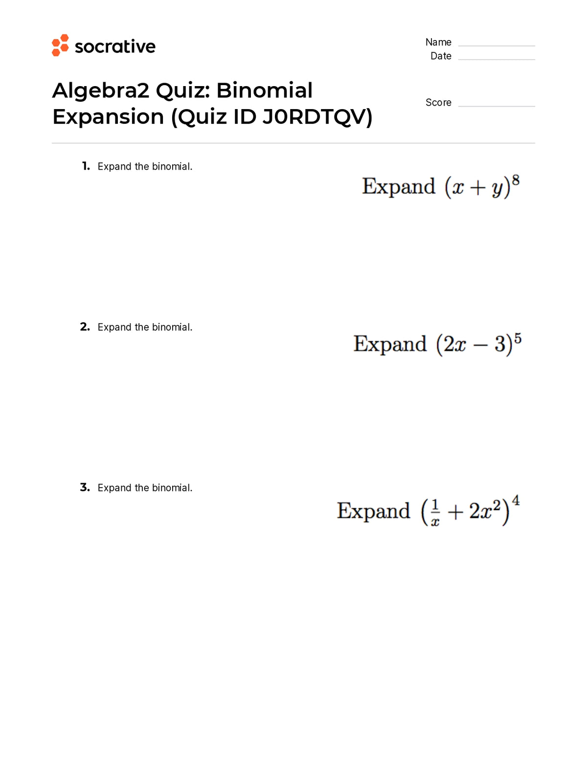 Algebra 2 Quiz Binomial Expansion – Quiz Shop