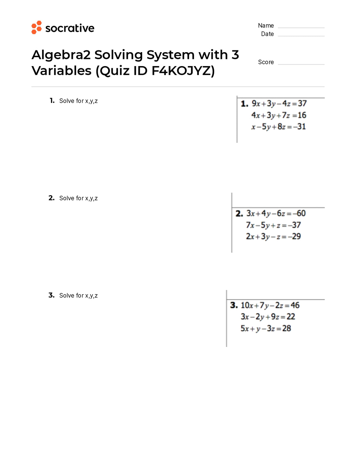 Algebra 2 Solving System With 3 Variables – Quiz Shop