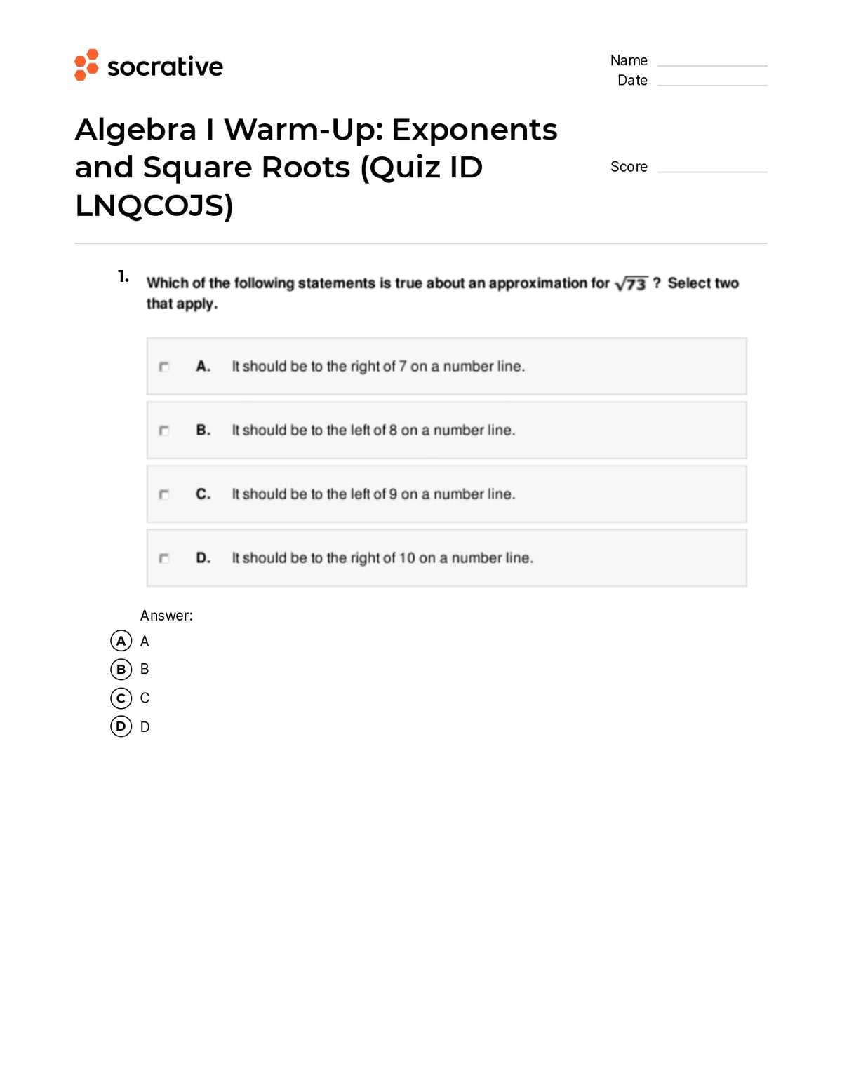 Algebra I Warm-Up Exponents And Square Roots – Quiz Shop