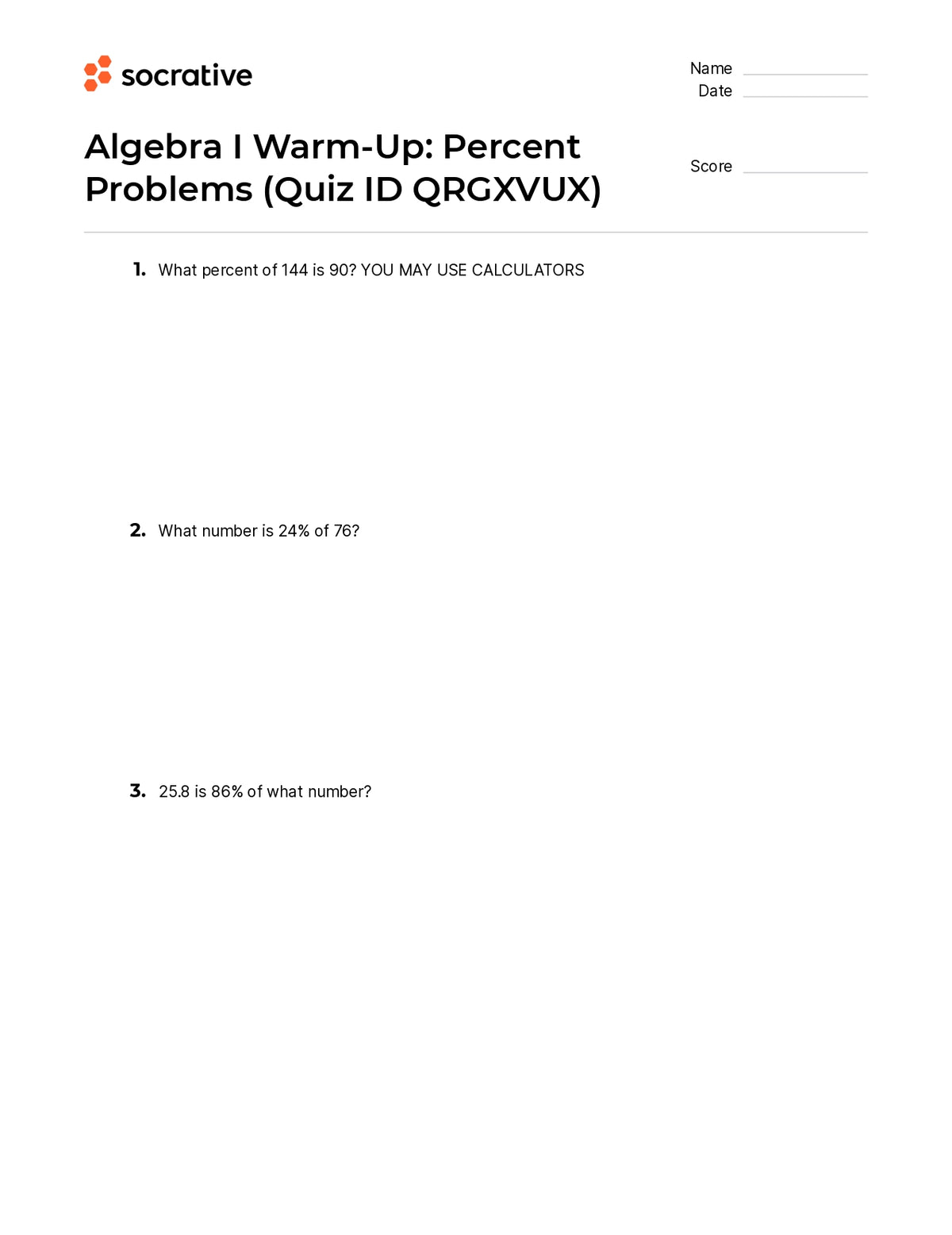 Algebra I Warm-Up Percent Problems – Quiz Shop