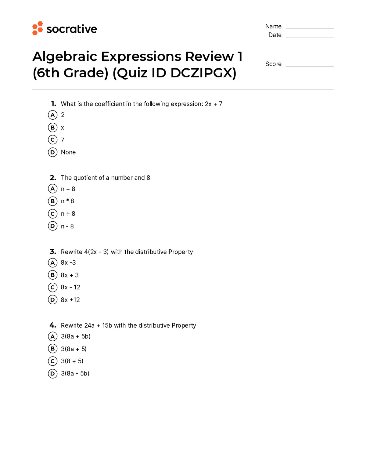 Algebraic Expressions Review 1 (6Th Grade) – Quiz Shop
