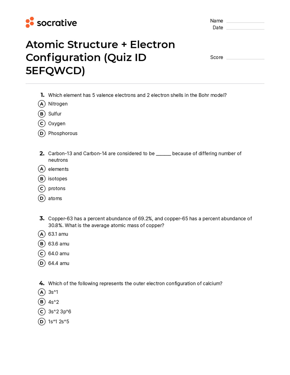 Atomic Structure Electron Configuration Quiz Shop