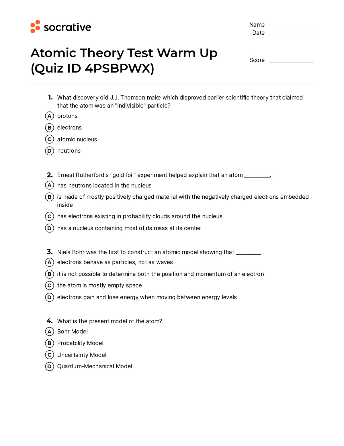 Atomic Theory Test Warm Up – Quiz Shop